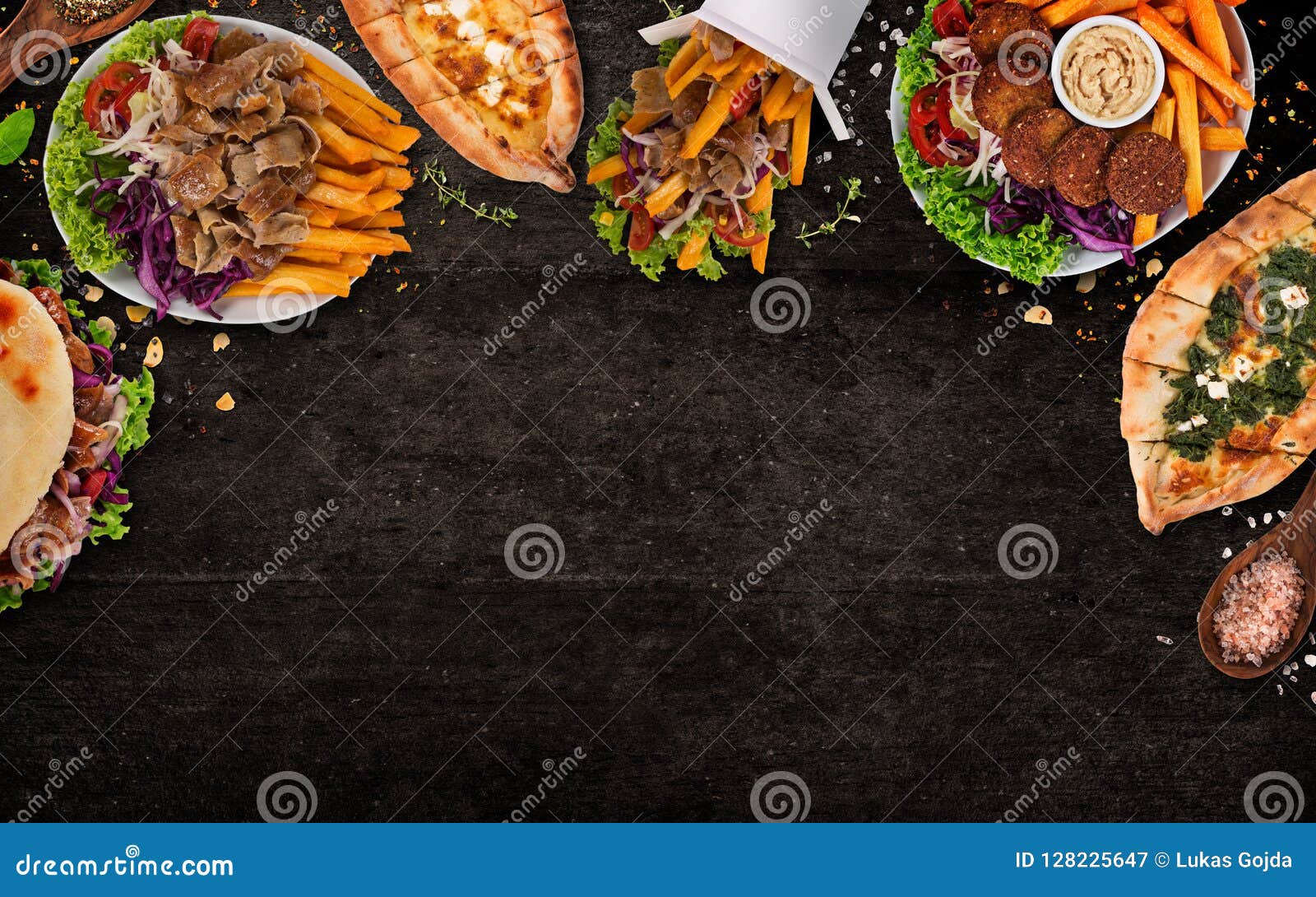 Top Down View on Traditional Turkish Meals on Black Stone Table. Stock ...