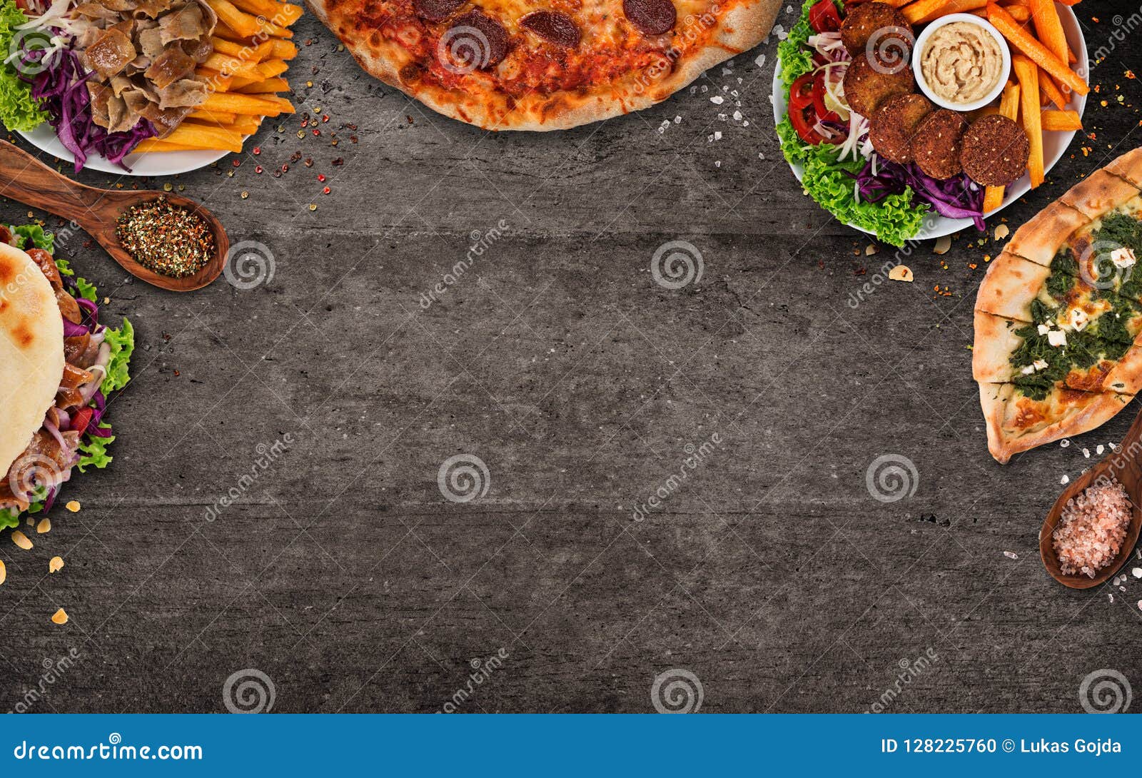 Top Down View on Traditional Turkish Meals on Black Stone Table. Stock ...