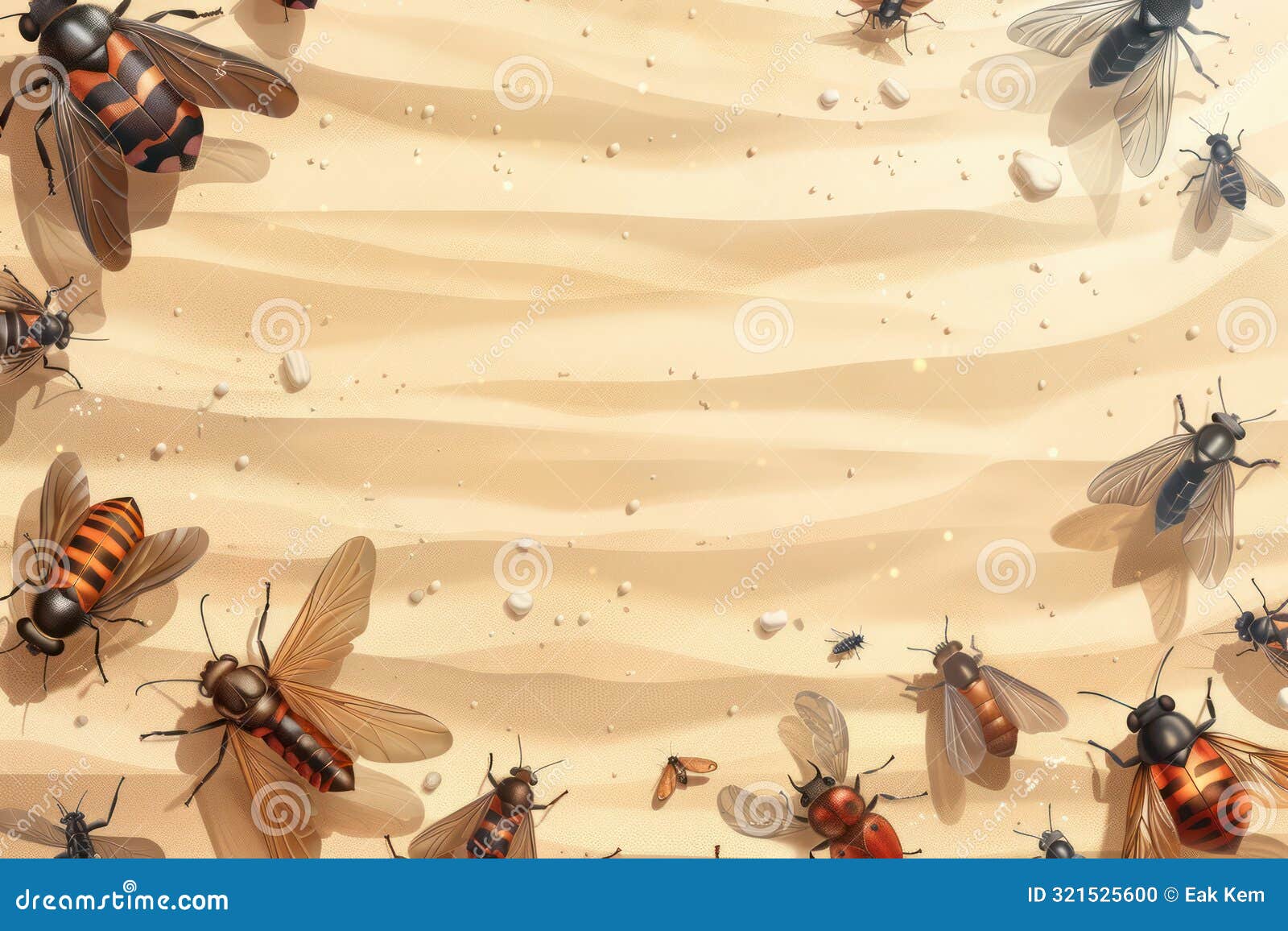 Top Down View of Various Insects Crawling and Flying Over Sandy Surface ...
