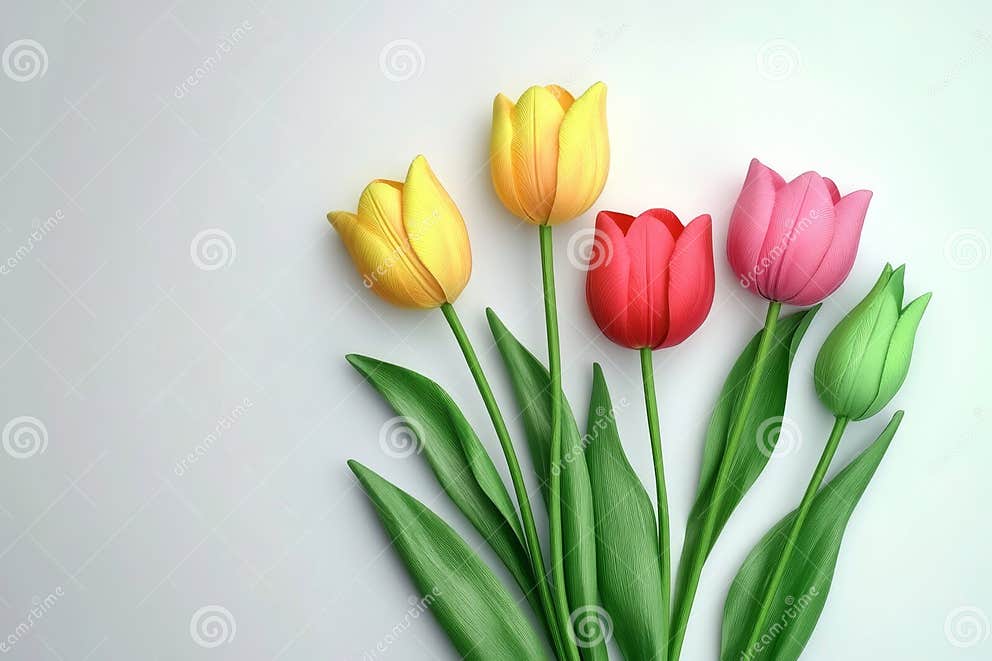 A Top-down View of Vibrant Tulips on a Light Grey Base, with Space Left ...