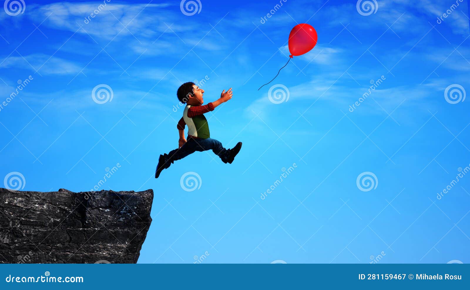 The Top of a Mountain Rock and a Man Flying Up with Balloon. T Stock ...