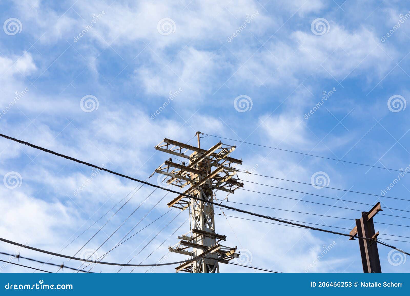 Top of an Old Metal Power Tower with Cables, Bright Blue Sky Copy Space ...