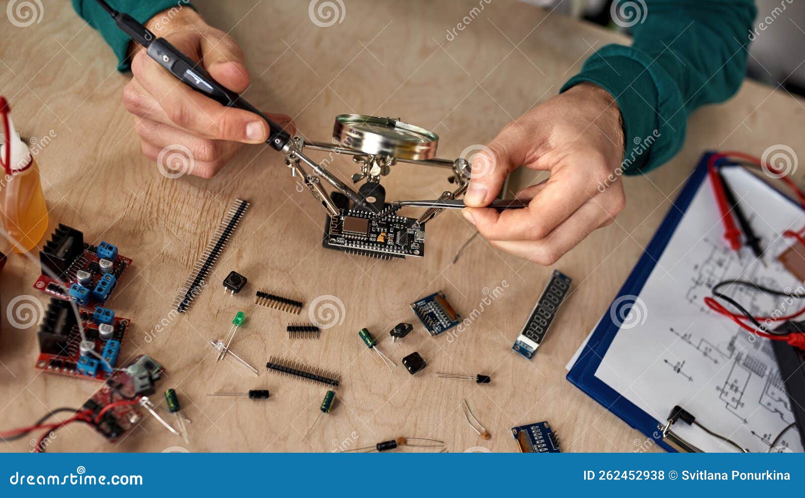 Top of Partial Male Technician Soldering Microchip Stock Photo - Image ...