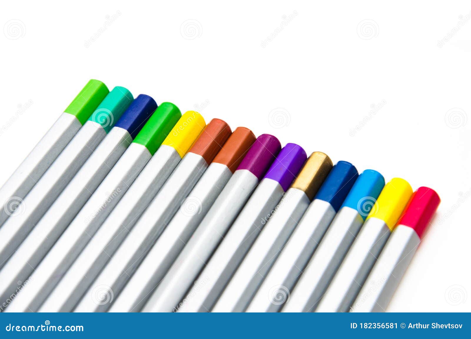 Top of the Pencil. Multi-colored Pencils in a Row on the Side and at an ...