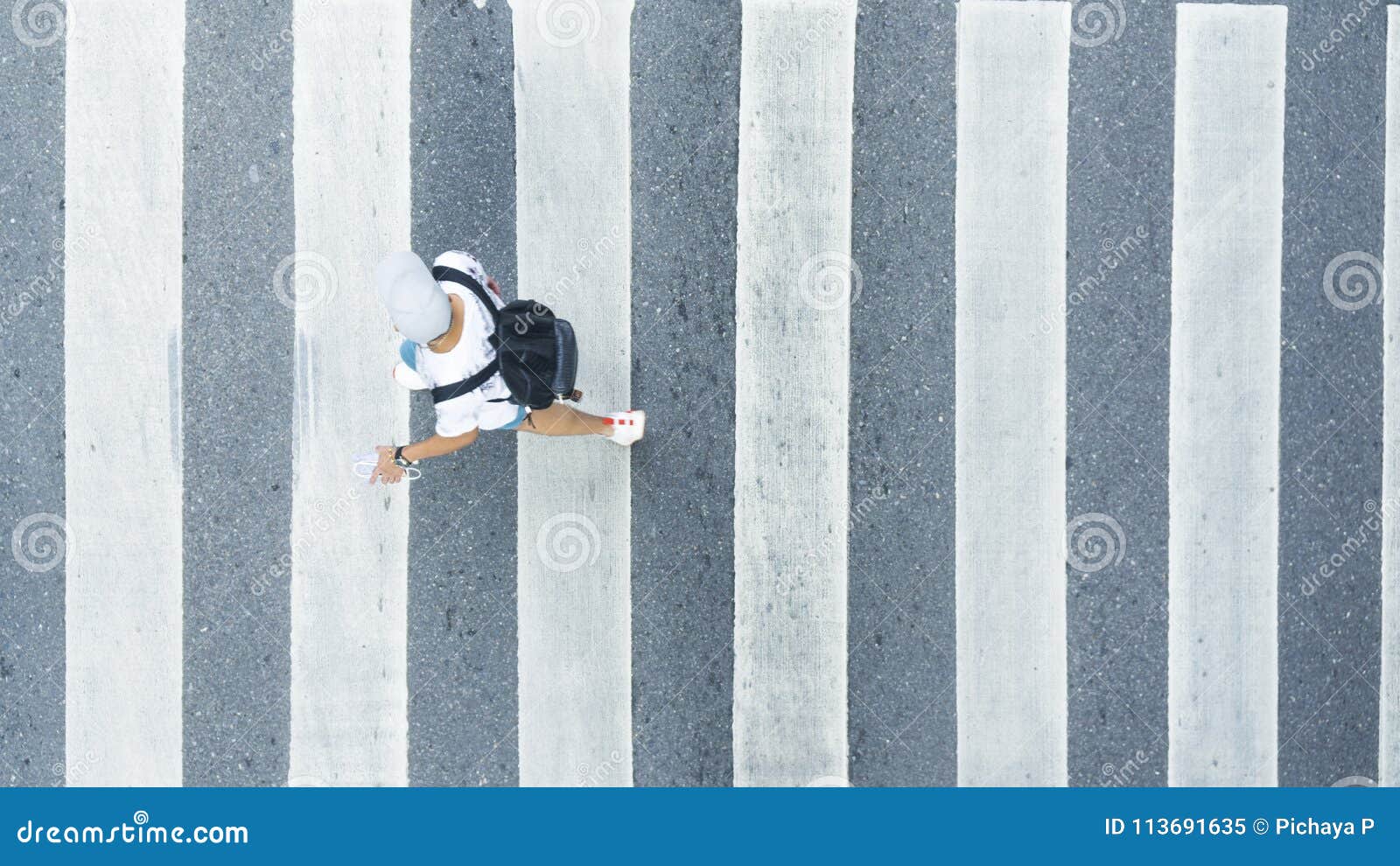 The Top Plan View of Man Walk Across the Pedestrian Crosswalk in Stock ...
