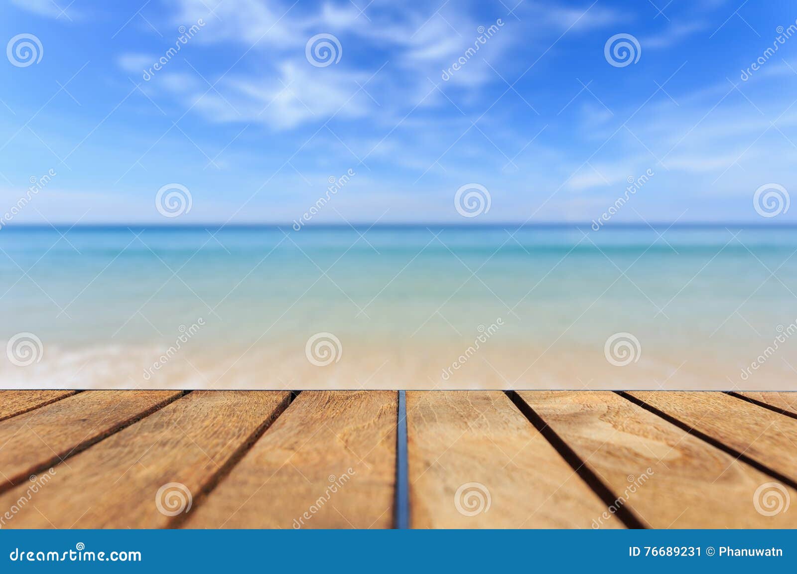 Top of Teak Wood Table and View of Sea and Blue Sky Stock Image - Image ...