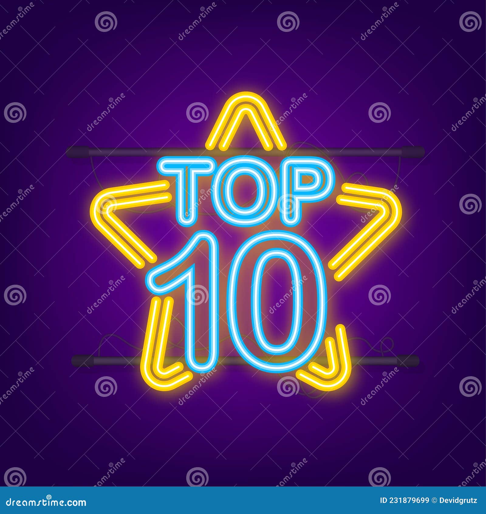 Top 10 - Top Ten Gold with Blue Neon Label on Black Background. Vector ...