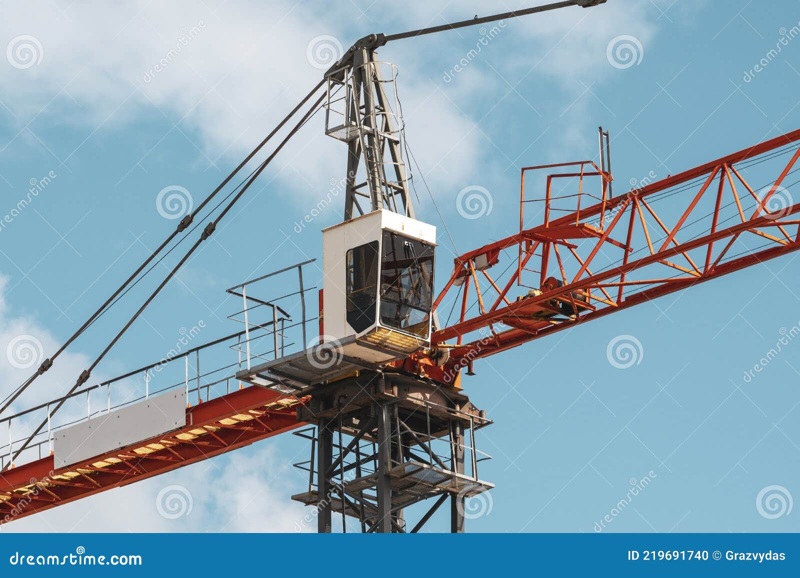 Top of a Tower Crane with a Boom and a Crane Operator`s Cab Stock Photo ...