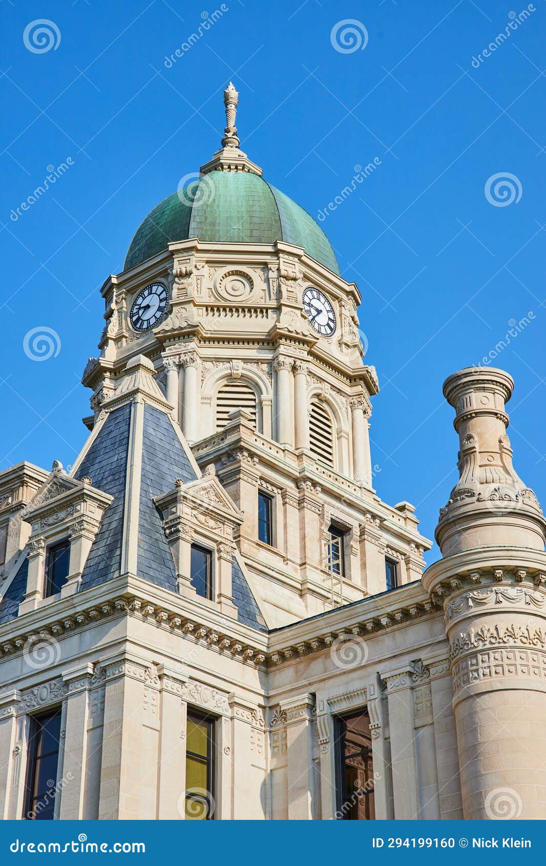 Top Towers and Clock View of Whitley County Courthouse with Deep Blue ...