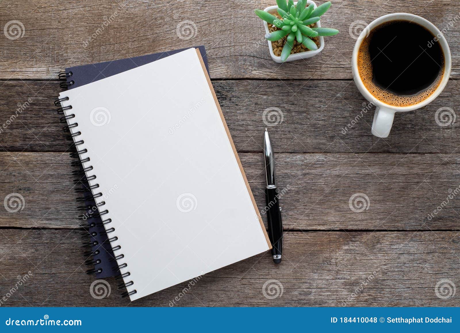 Top View from Above of Blank Open Notebook and Coffee on Wood Table ...