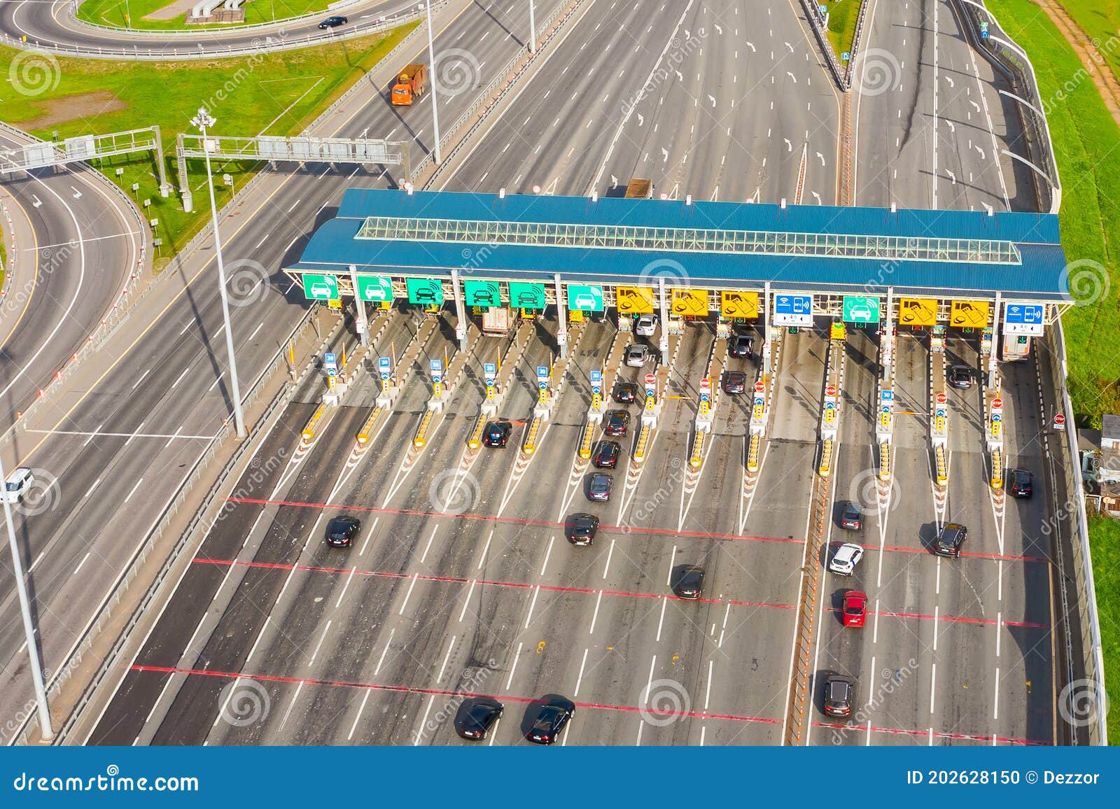 Top View Aerial Overloaded Toll Road Or Tollway On The Controlled ...