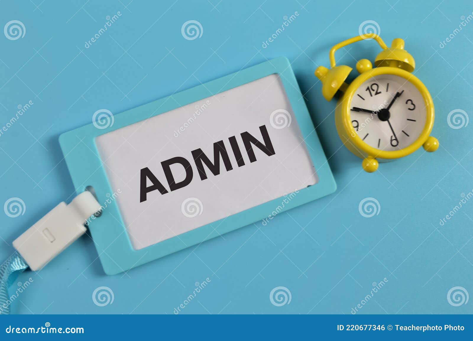 Top View of Alarm Clock and Name Tag Written with ADMIN Stock Photo ...