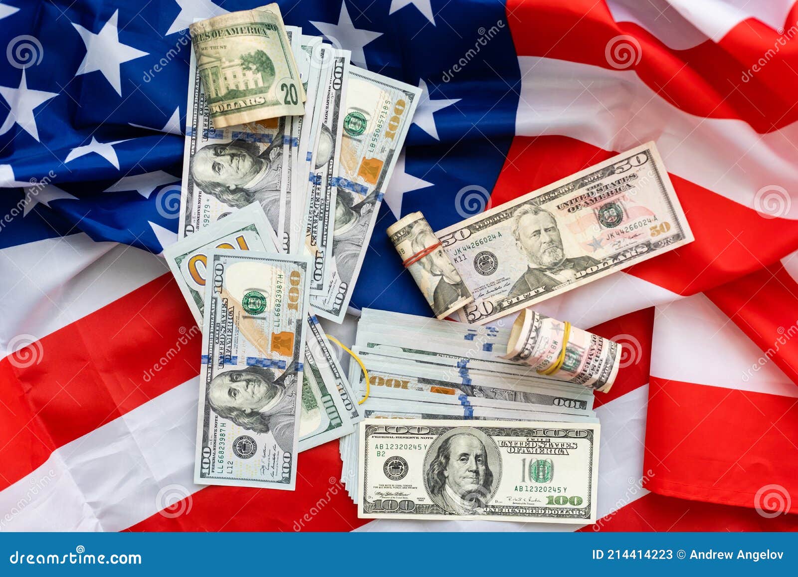 Top View American Flag on Us Dollars Background Stock Image - Image of ...