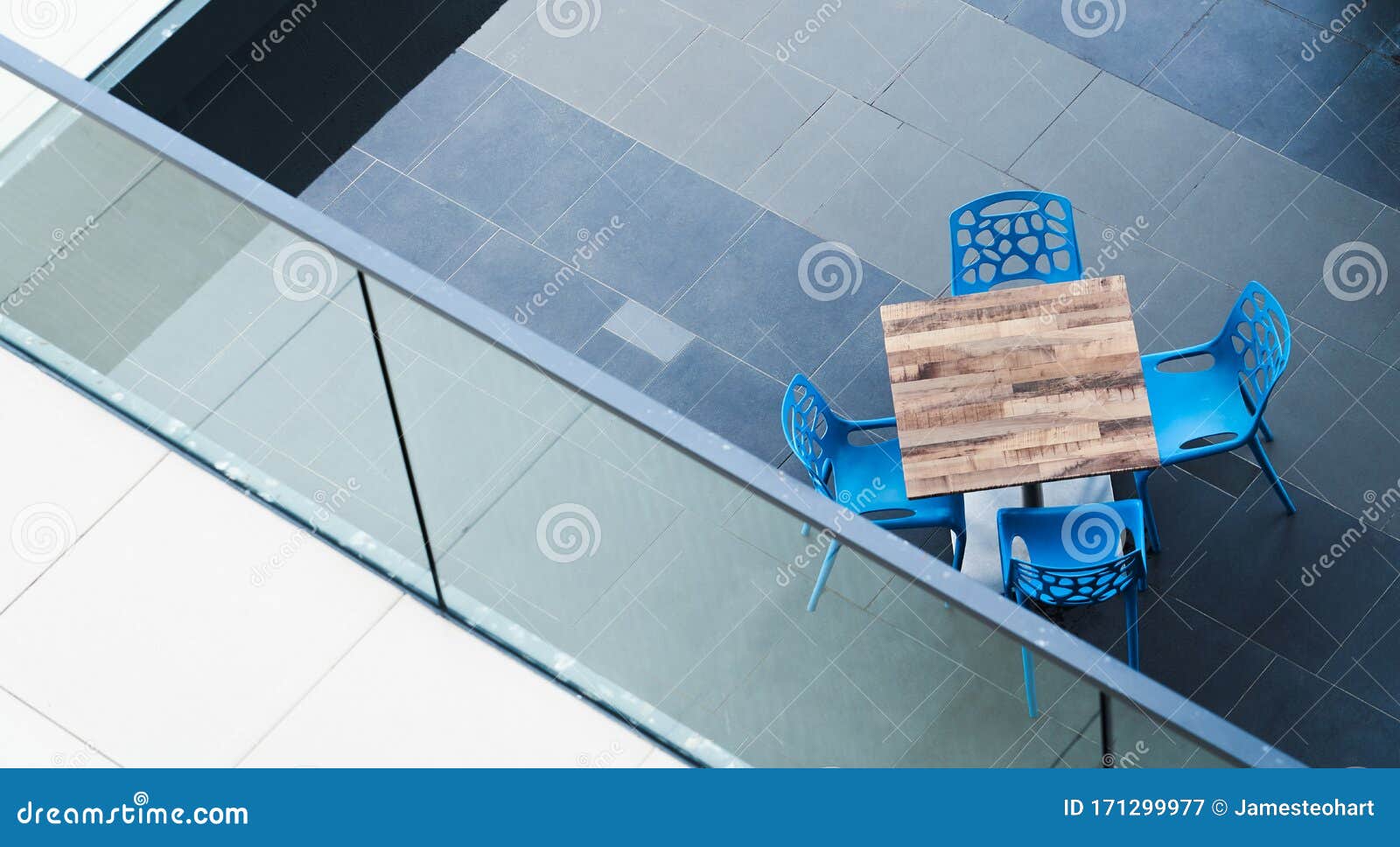 Top View Angle Wooden Table and for Blue Chair Stock Image - Image of ...