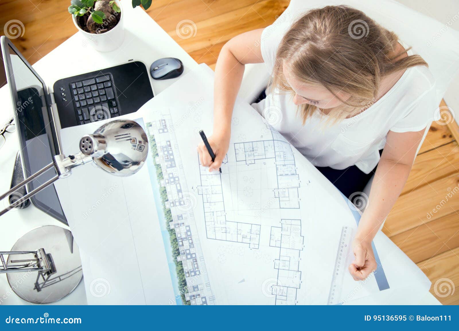 Top View at Architect`s Desk Stock Image - Image of laptop, looking ...