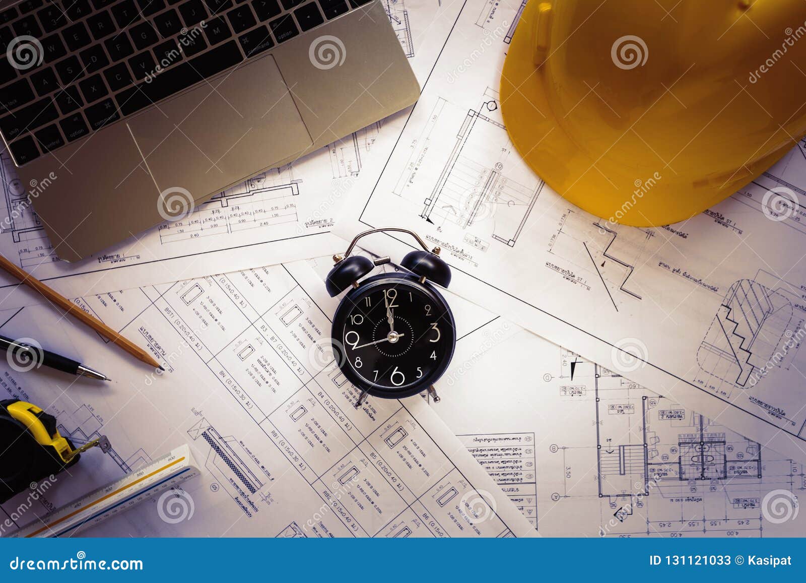 Top View Architect Working On Blueprint. Architects Workplace. Engineer ...