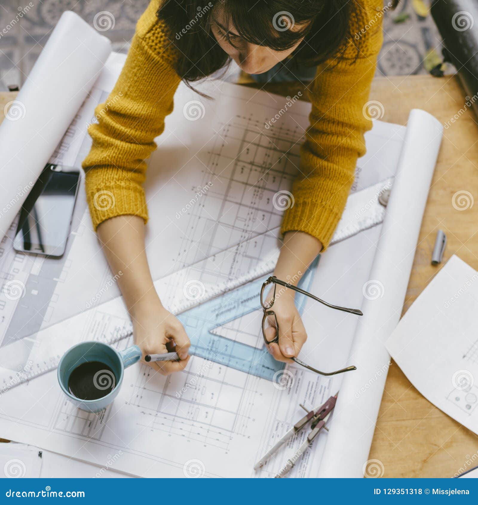 Top View of Architect Woman Working on Architectural Project for Stock ...