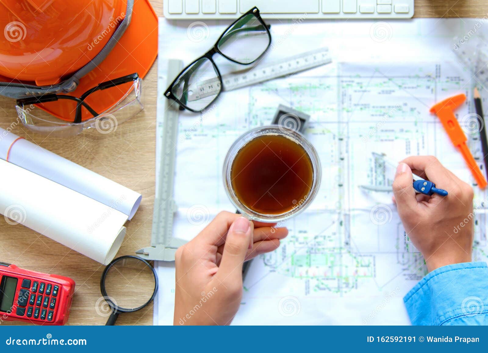 Architects Workplace Top View Of Blueprints. Architectural Projects ...