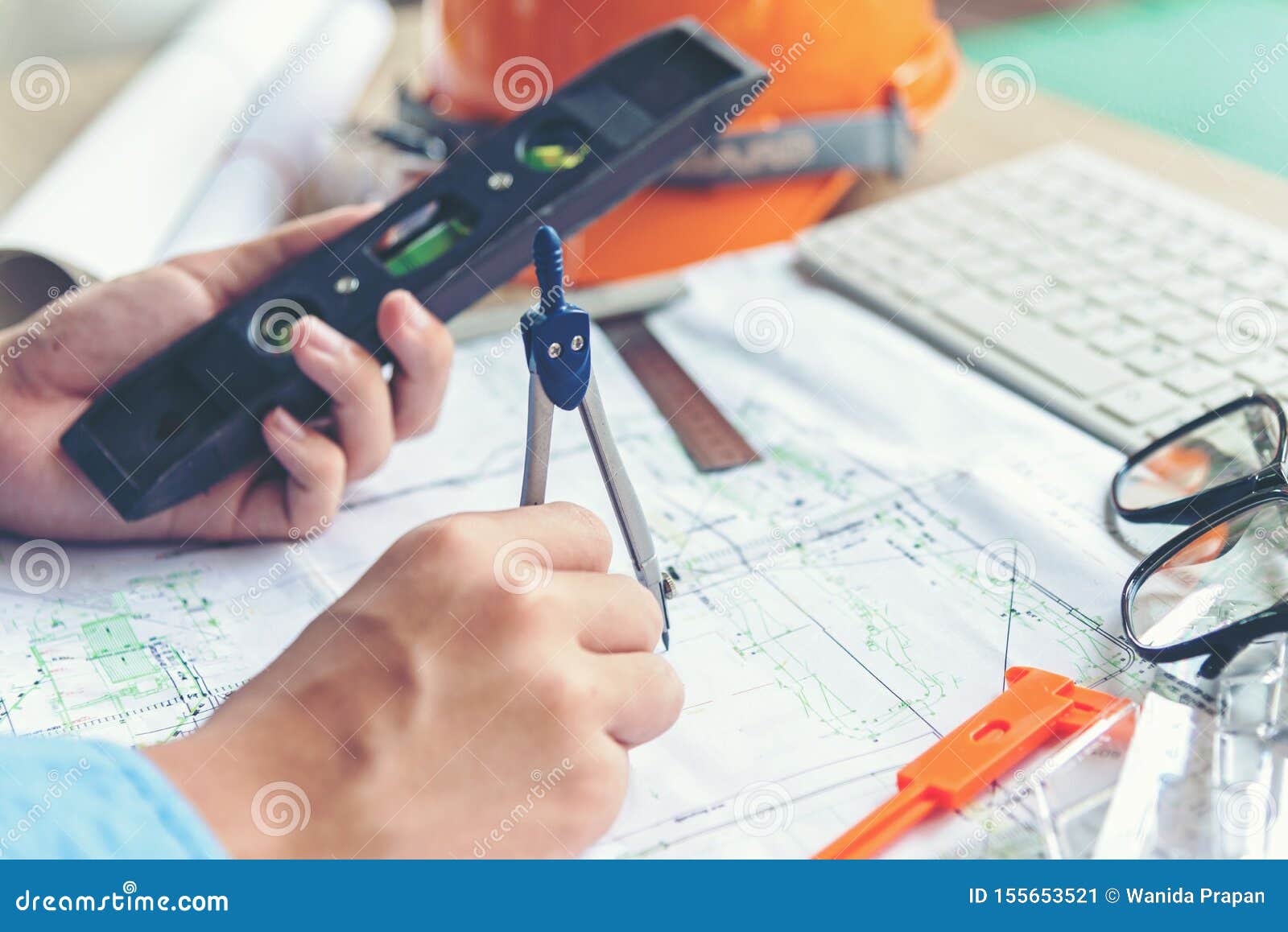 Architects Workplace Top View Of Blueprints. Architectural Projects ...