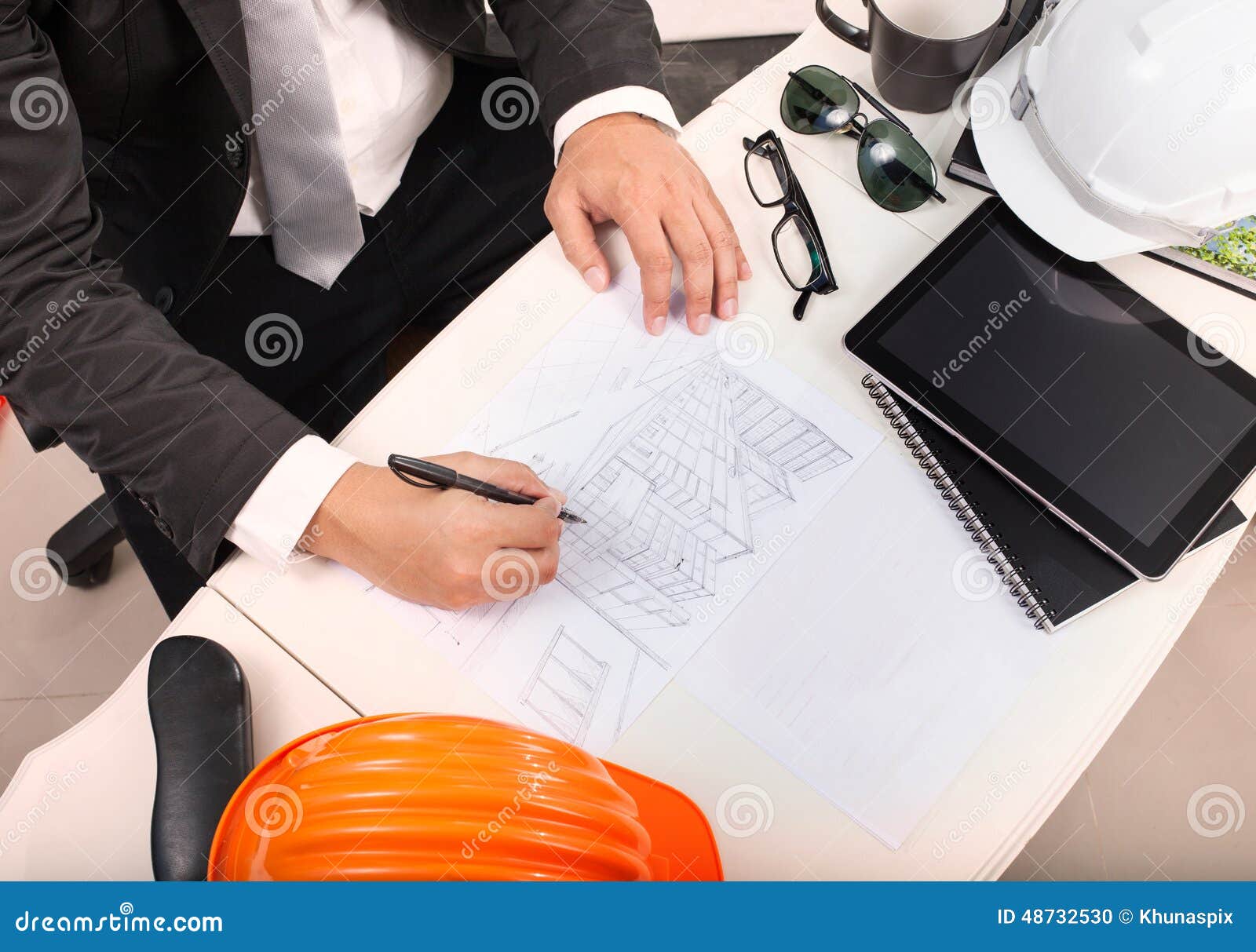 Top View of Architect Working Table with Drawing Perspective Building ...
