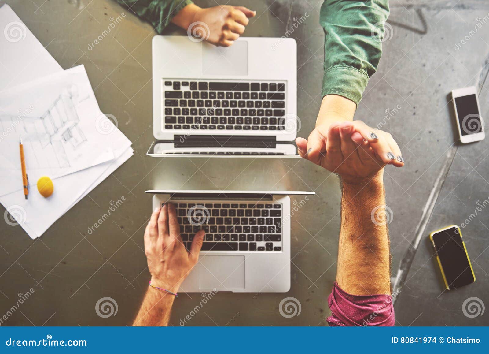 Top View of Architects Giving High-five while Working at Compute Stock ...