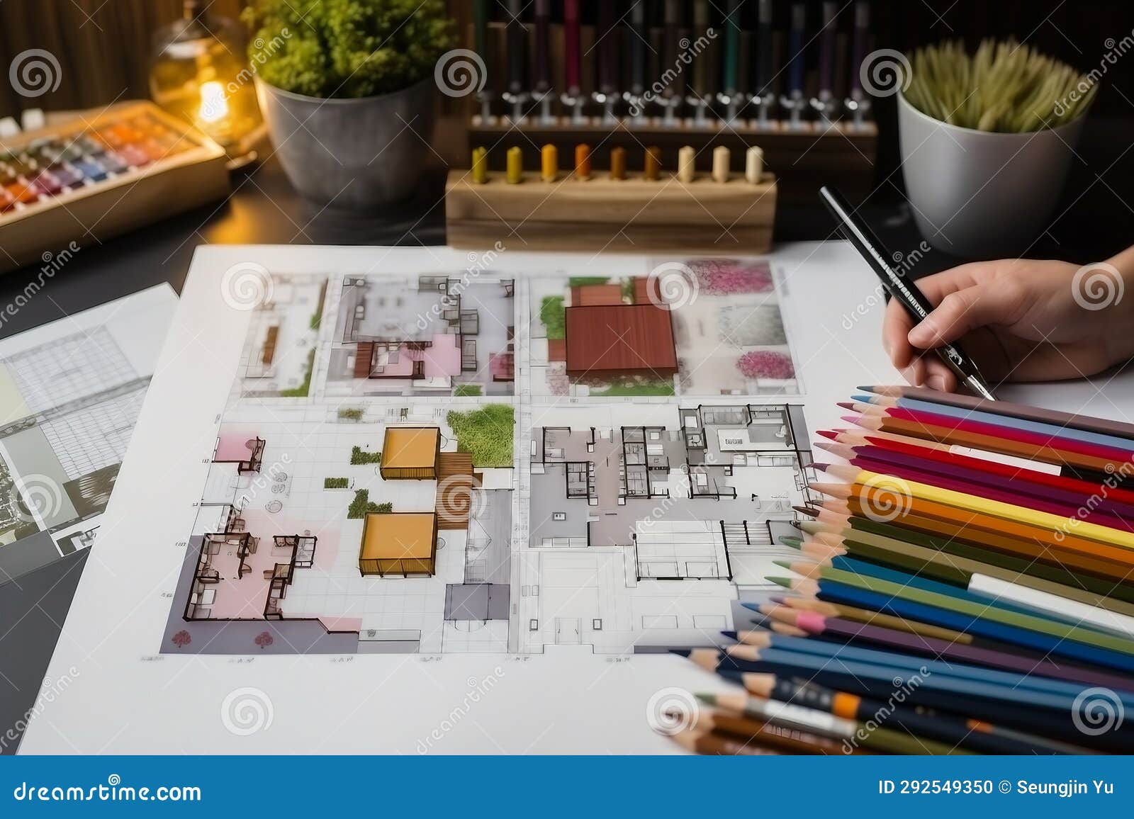 Top View of Architects Hands Drawing of Modern House with Material ...
