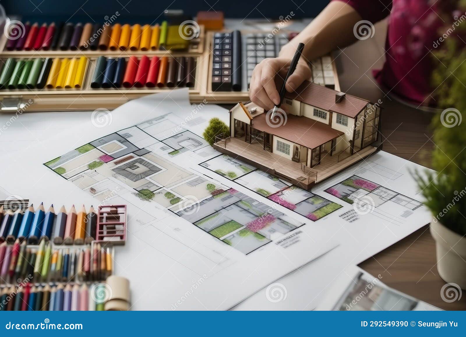 Top View of Architects Hands Drawing of Modern House with Material ...