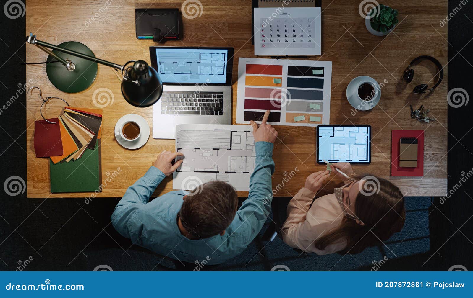 Top View of Architects Working on Computer at Desk with Paperwork in ...