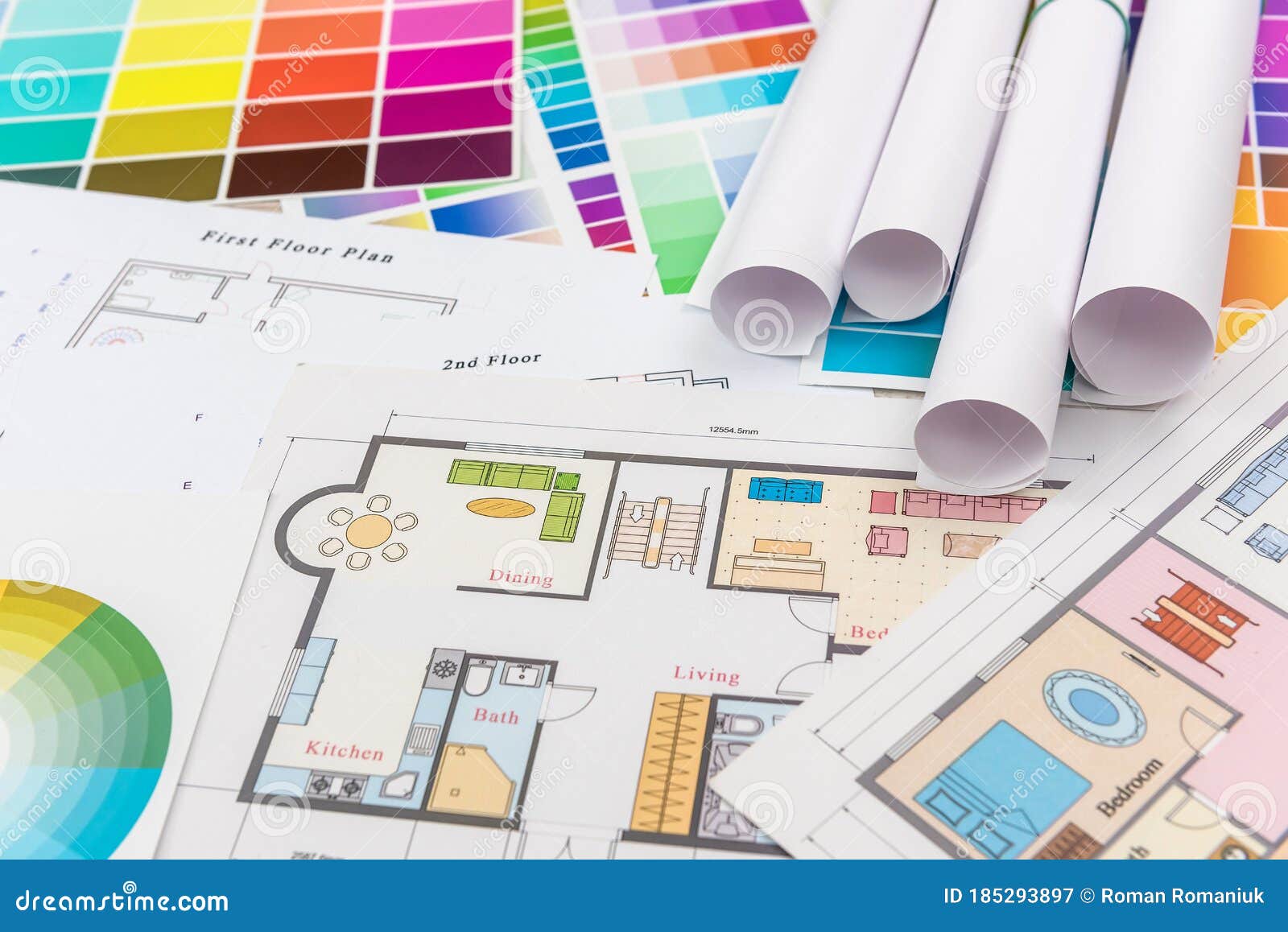 Top View of Architectural Blueprints with Material Sample on Creative ...