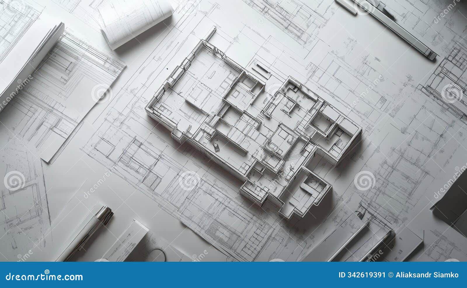 Top View of Architectural Drawing in Workspace Background for ...