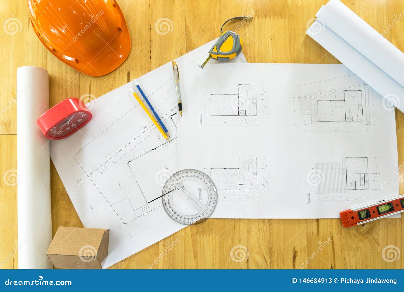 Top View Architectural Plans Work Space Stock Image - Image of drawing ...