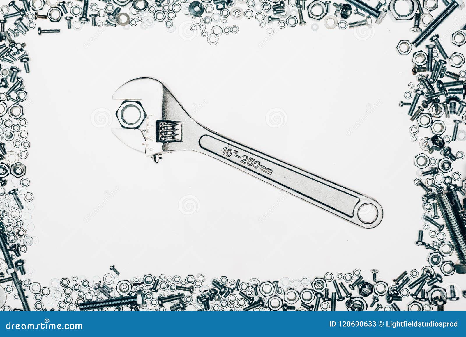 Top View of Arranged Various Metal Engineering Details with Wrench in ...