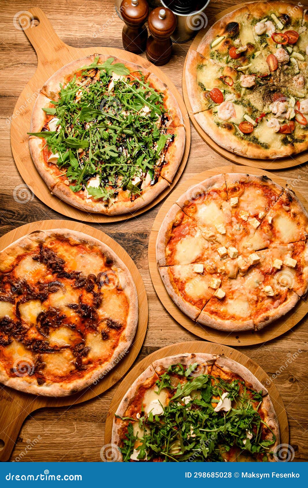 Top View. Array of Five Perfectly Lit Pizzas. Stock Photo - Image of ...