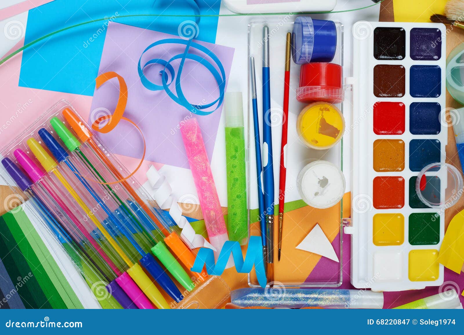 Top View Artwork Workplace with Creative Accessories. Flat Lay Art ...