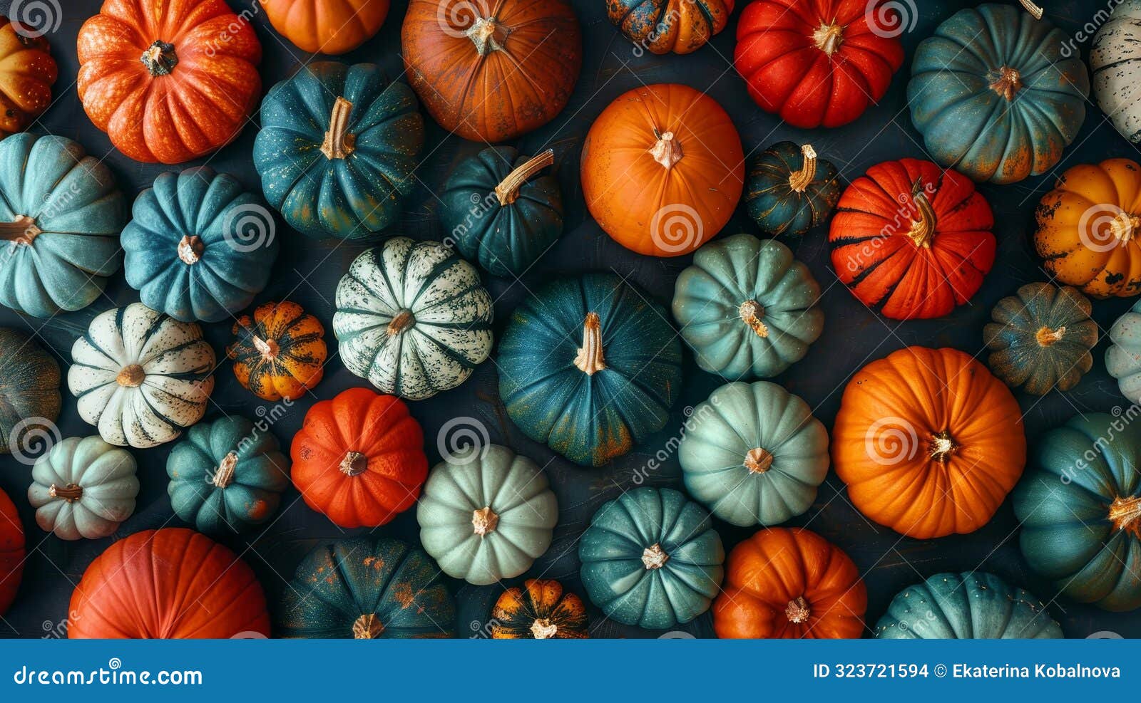 Top View of Assorted Decorative Pumpkins on Dark Background with ...
