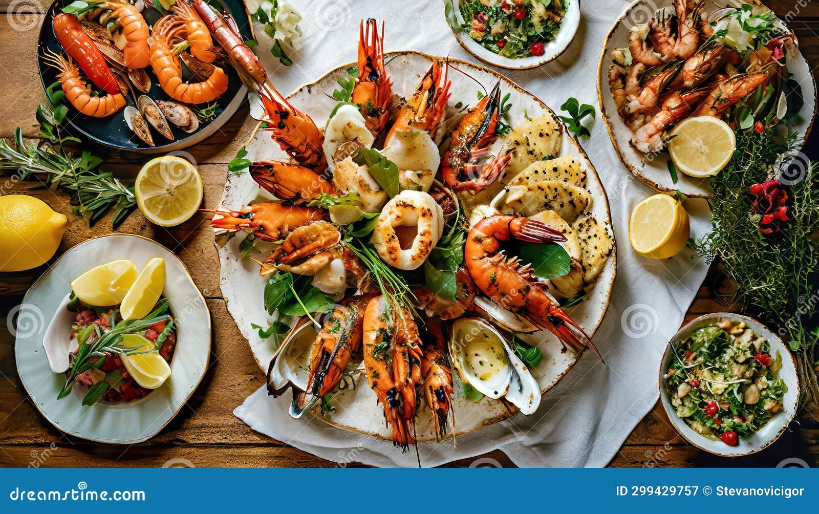 Top View of Assorted Seafood Served on a Table for Dinner, Generative ...