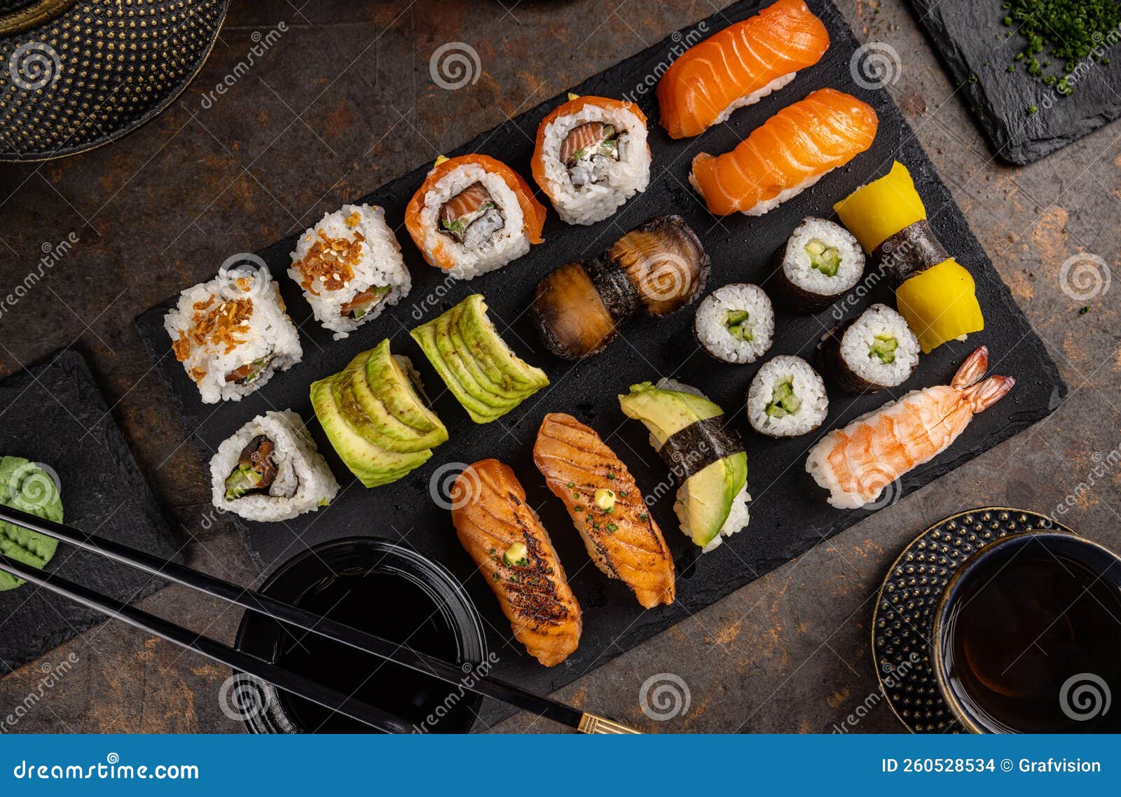 Top view of assorted sushi stock photo. Image of nori - 260528534