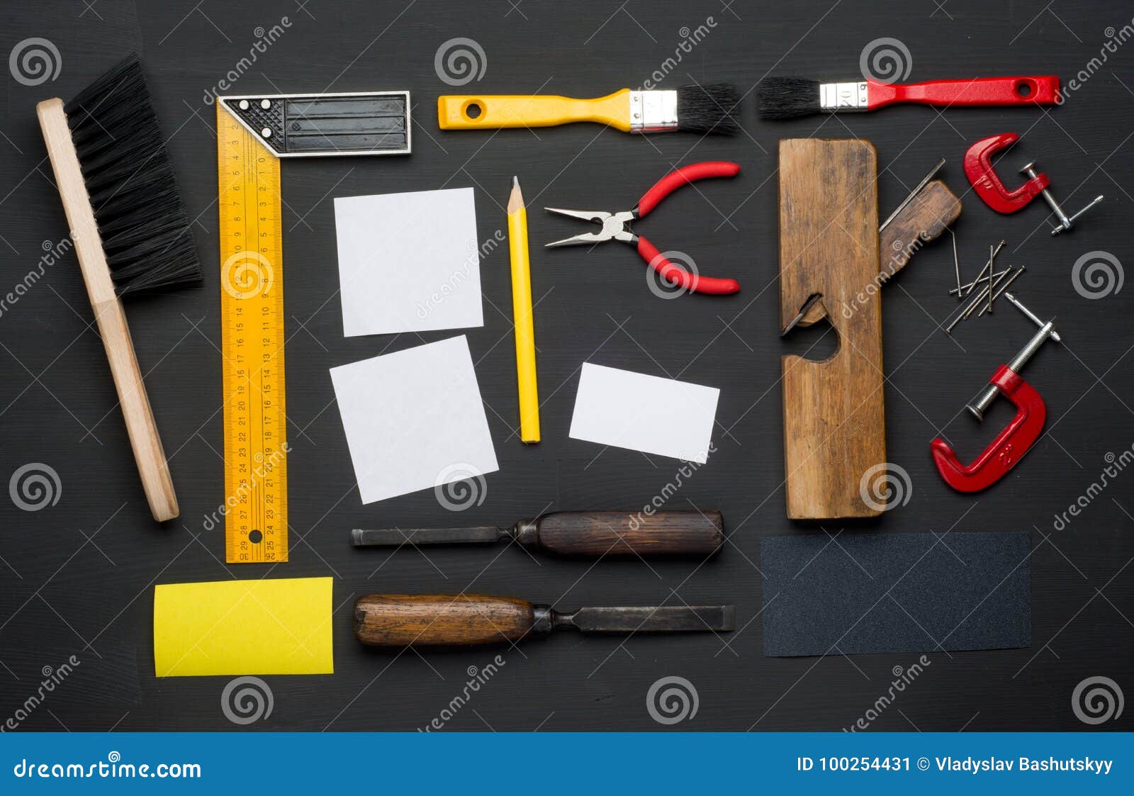 Top View of Assorted Woodwork and Carpentry Tools on Pine Wood Texture ...