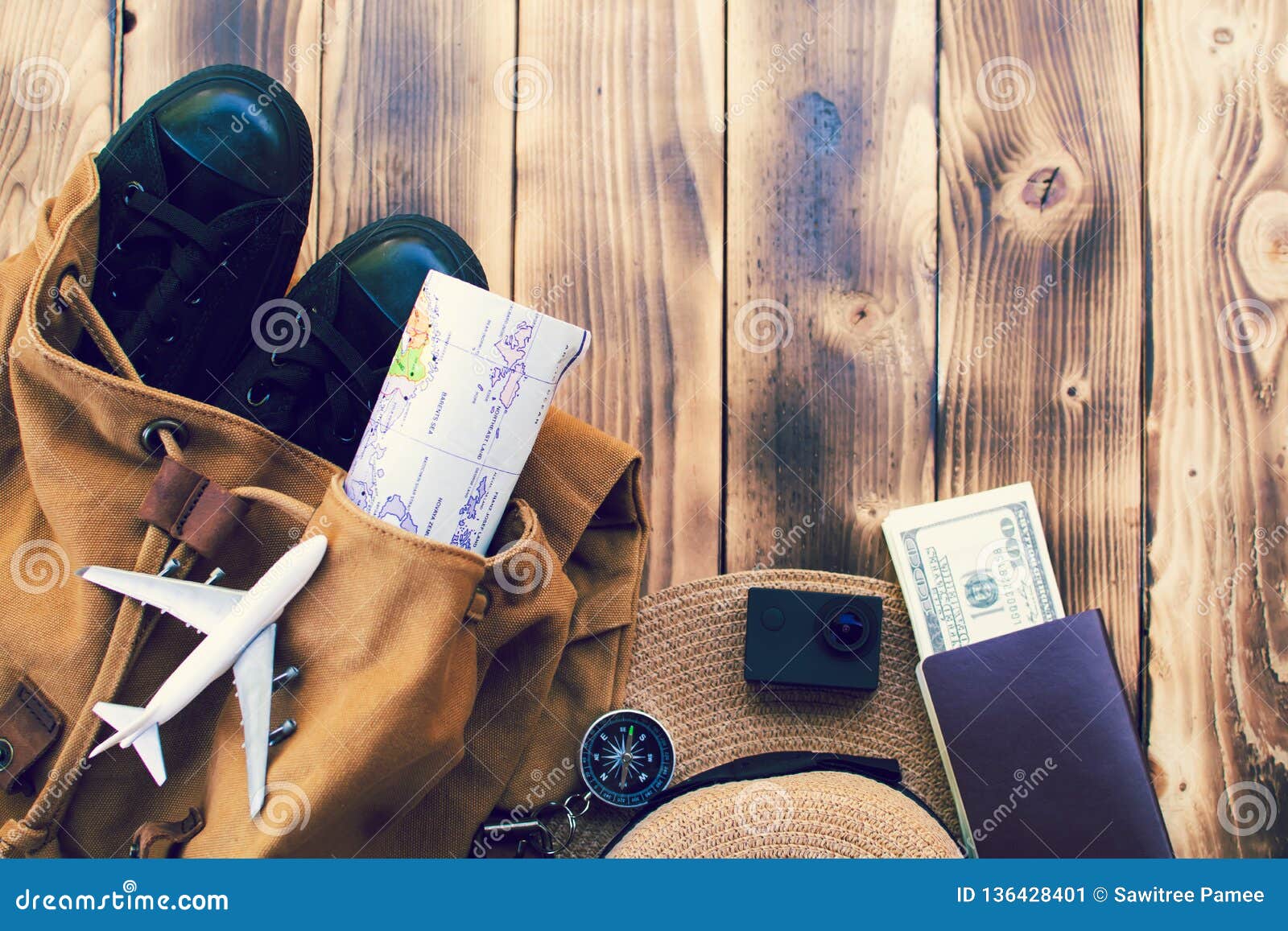 Top View Backpack and Accessory for Journey Stock Image - Image of ...