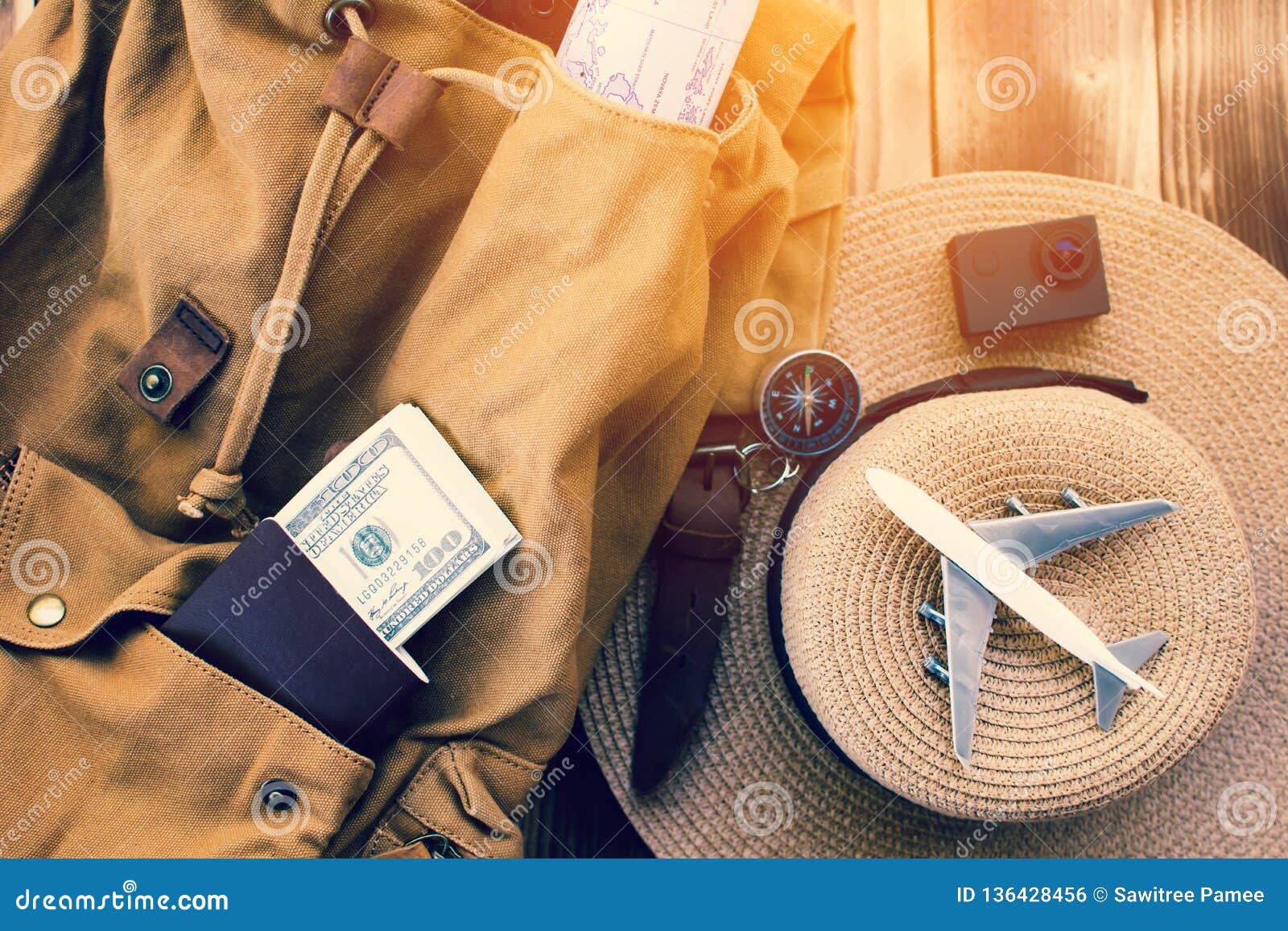 Top View Backpack and Accessory for Journey Stock Photo - Image of ...
