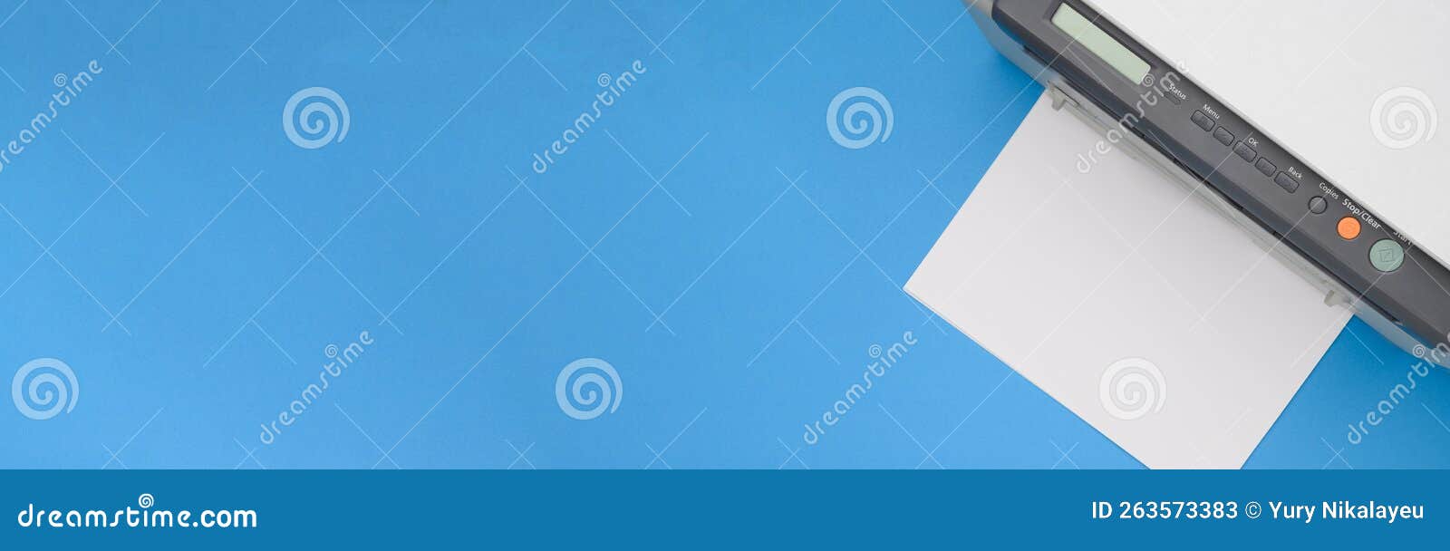 Top View,banner of Printer and Blank A4 Paper on Blue Background ...