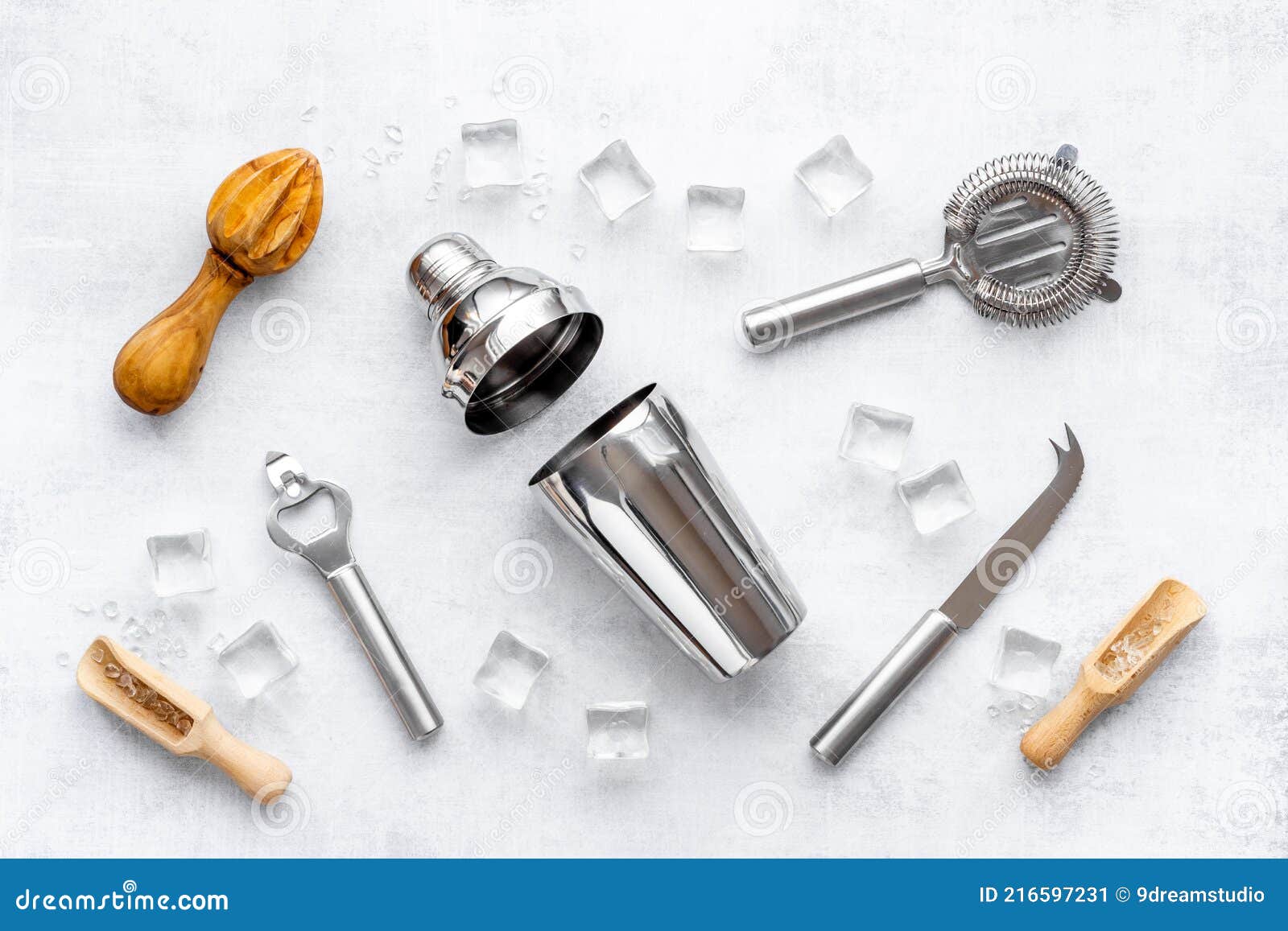 Top View of Bar Accessories with a Cocktail Shaker Stock Image - Image ...