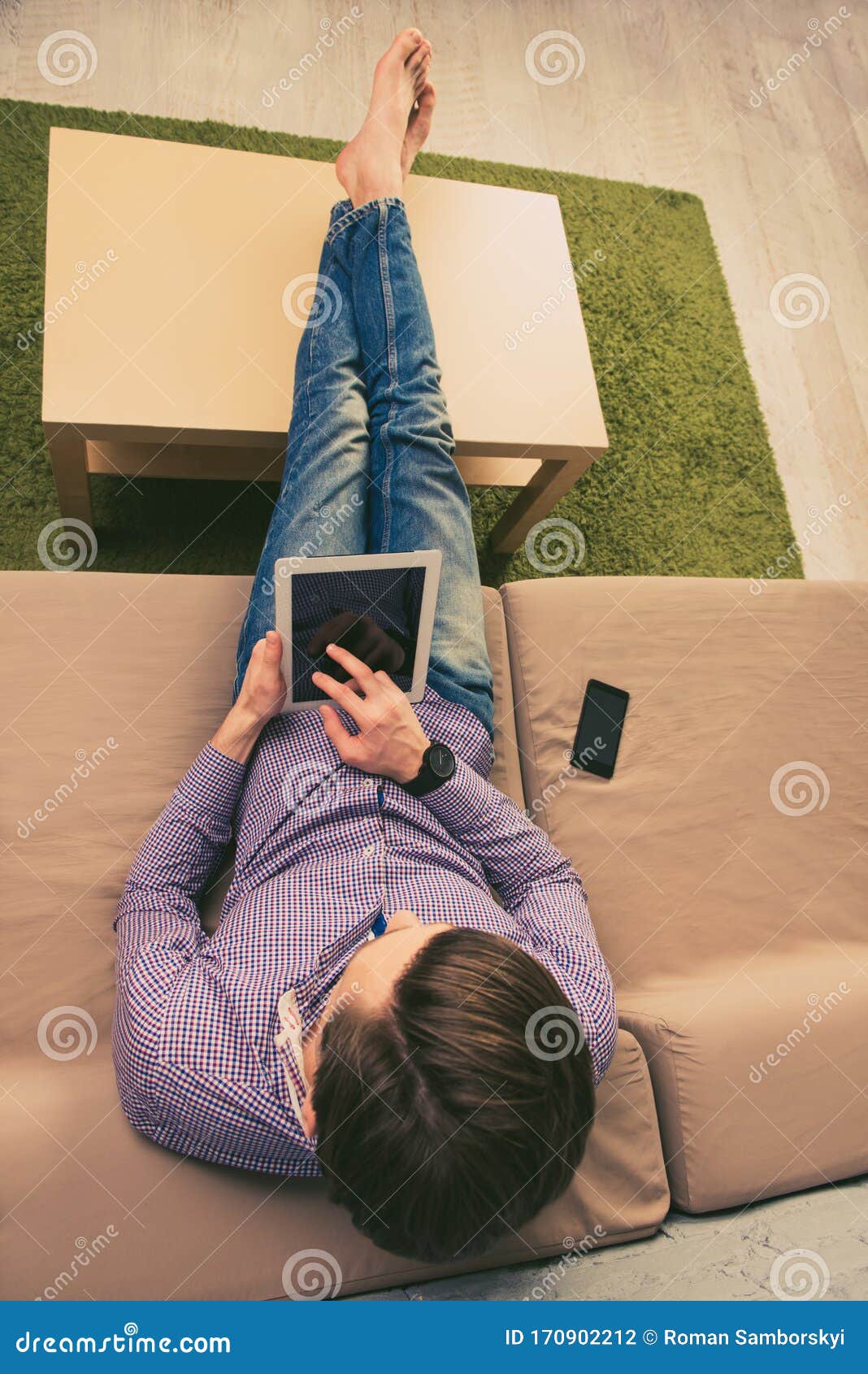 Top View Of Barefoot Man Watching Tv With Popcorn Royalty-Free Stock ...