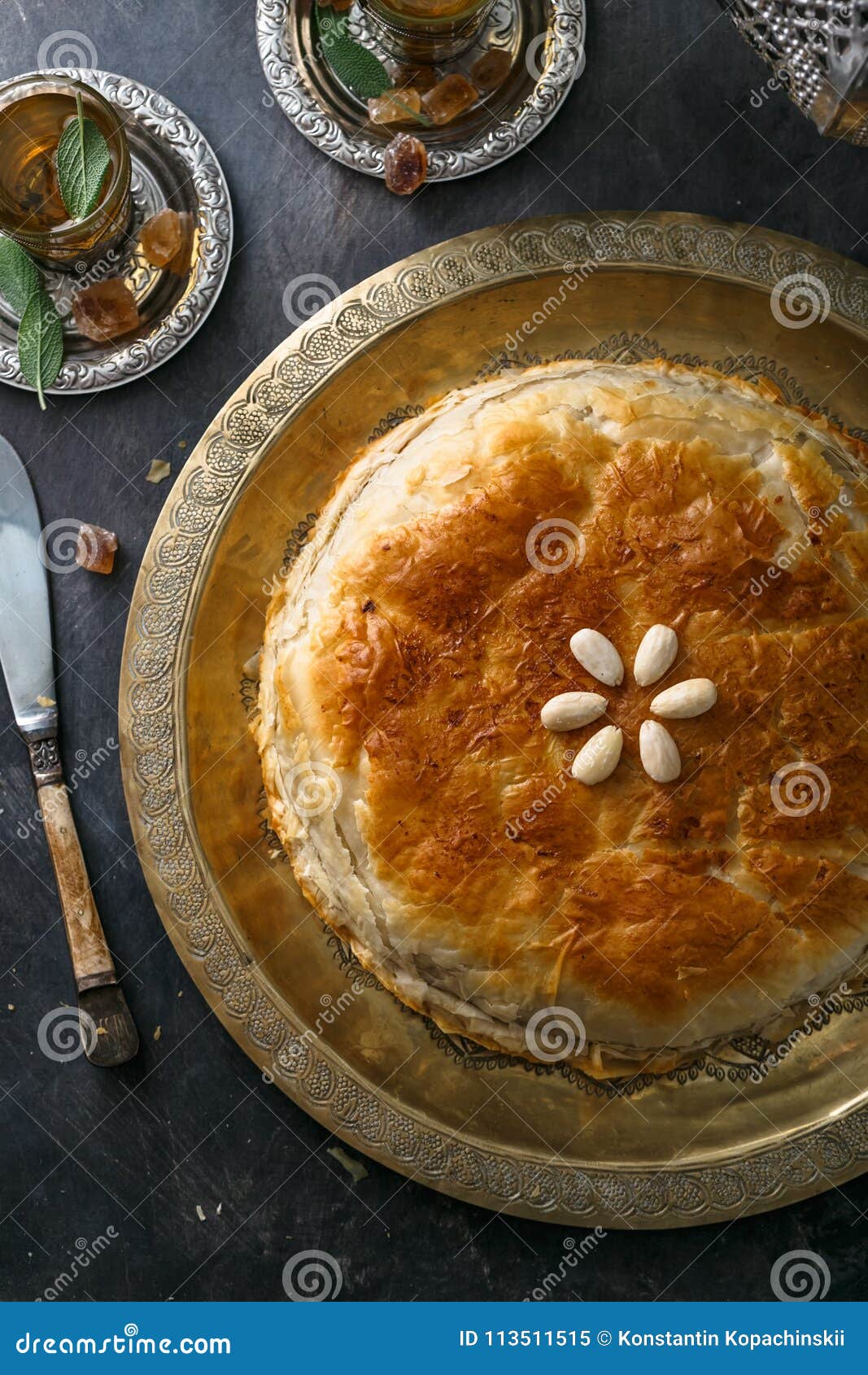 Top View of Bastilla, Layered Moroccan Pie with Chicken Stock Image ...