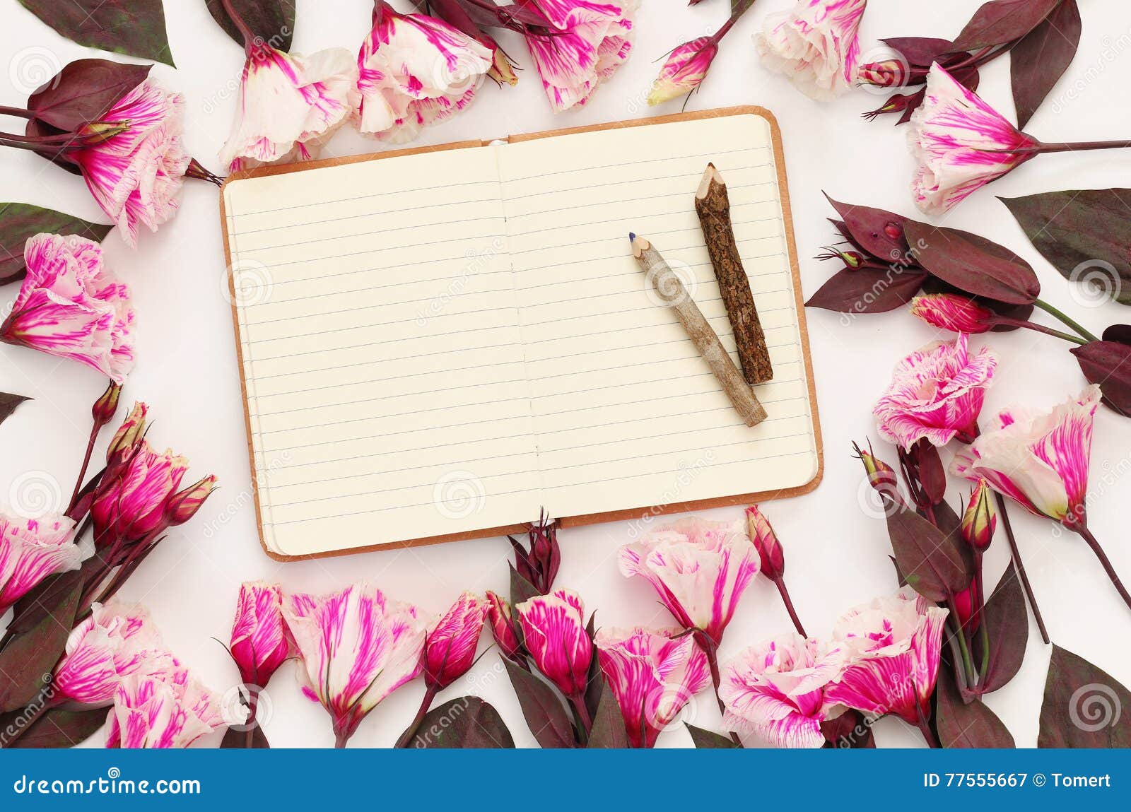 Top View of Beautiful Flowers and Open Blank Notebook Stock Image ...