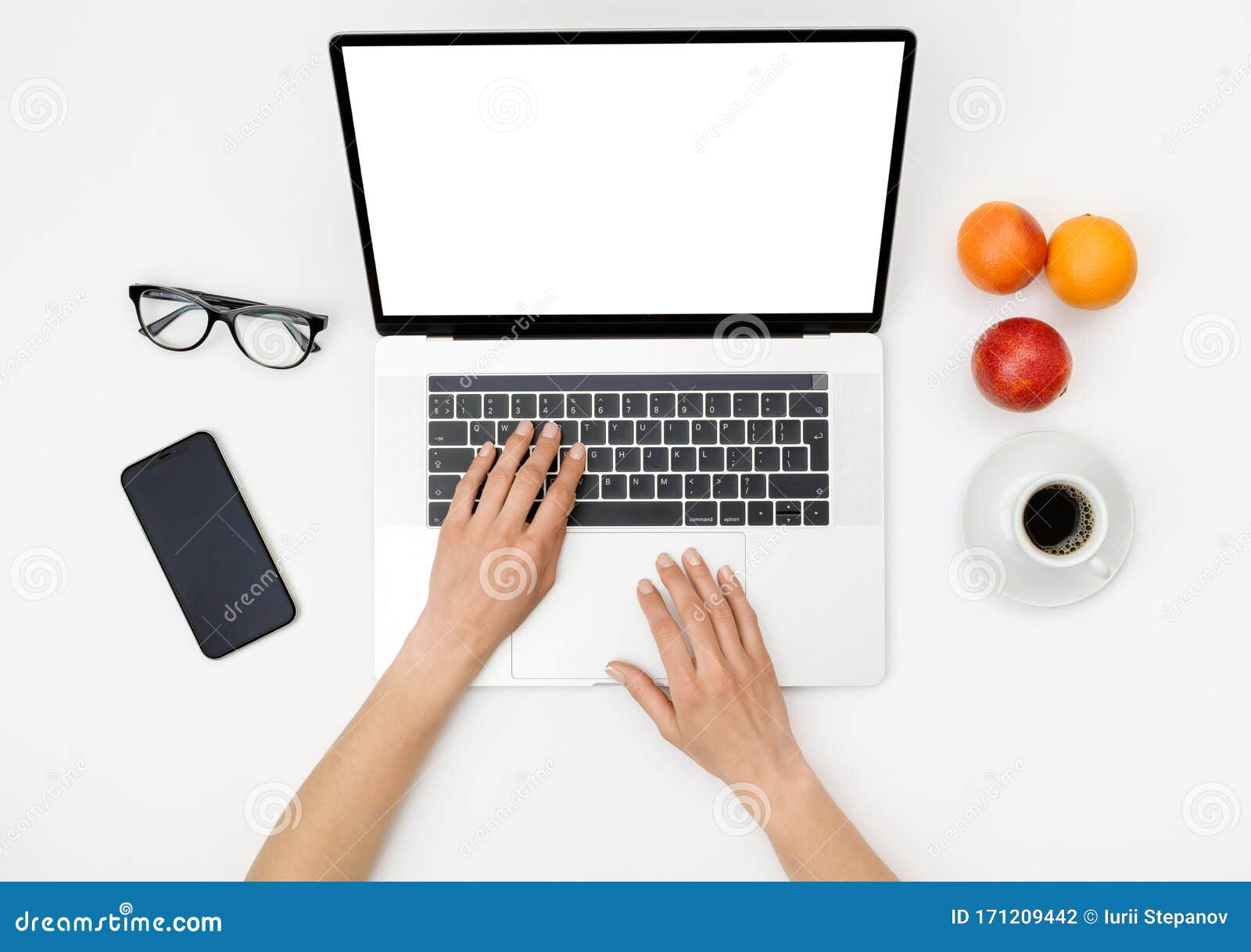 Top View of Beautiful Woman `s Hands Using Laptop Stock Photo - Image ...