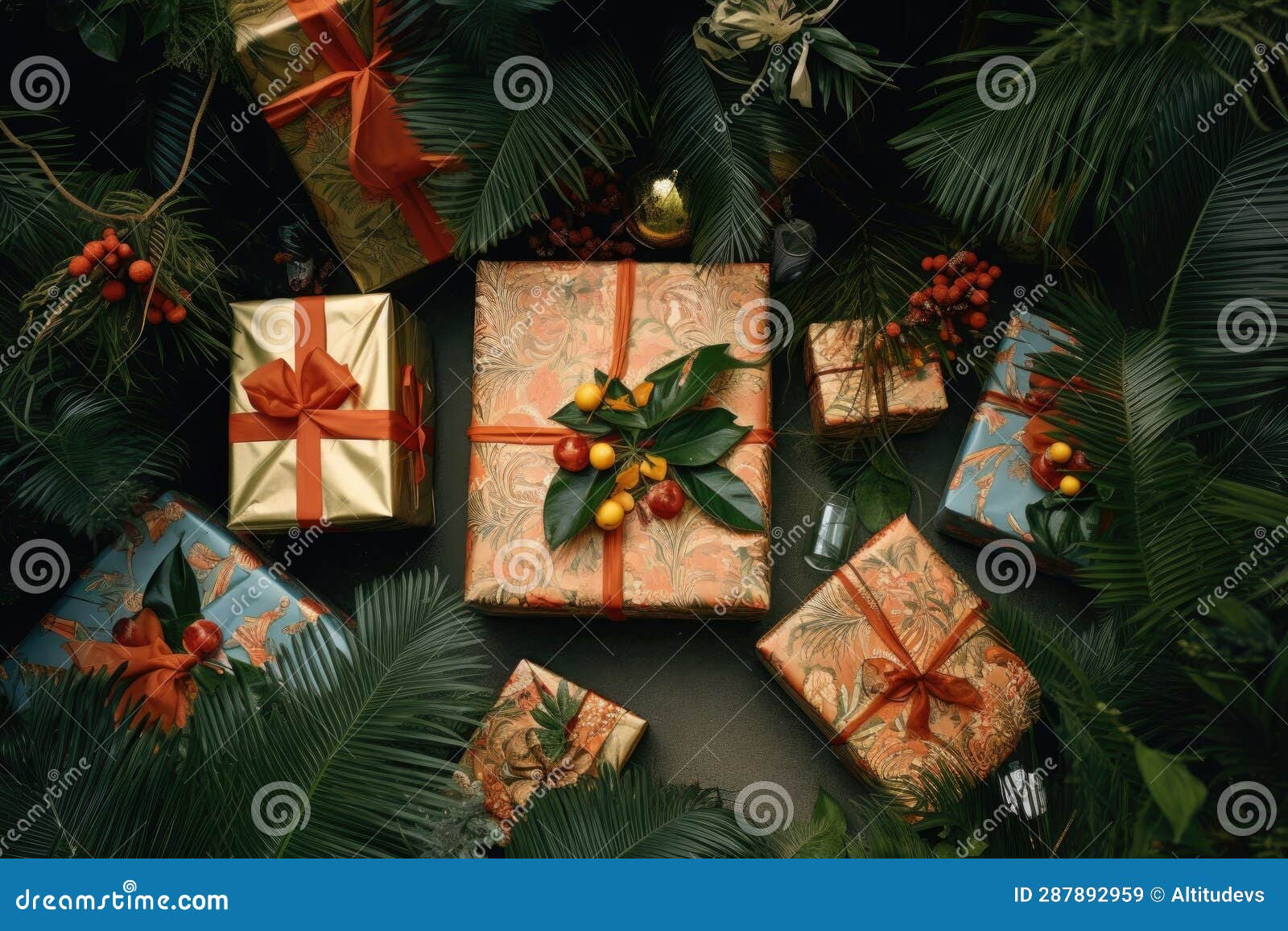 Top View of Beautifully Wrapped Gifts Under the Tree Stock Illustration ...