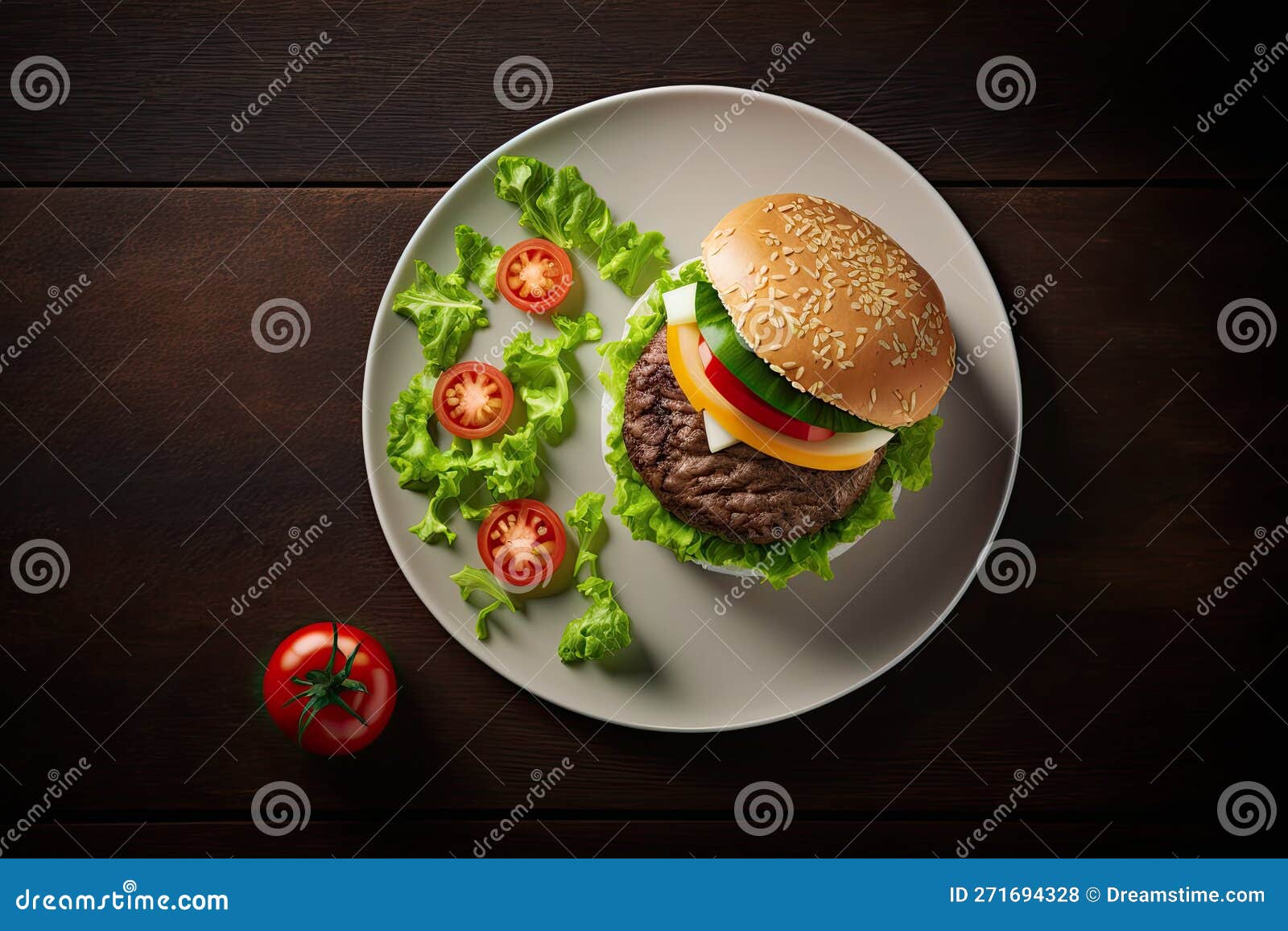 Top View of a Beef Burger Topped with Lettuce, Tomatoes, and a White ...