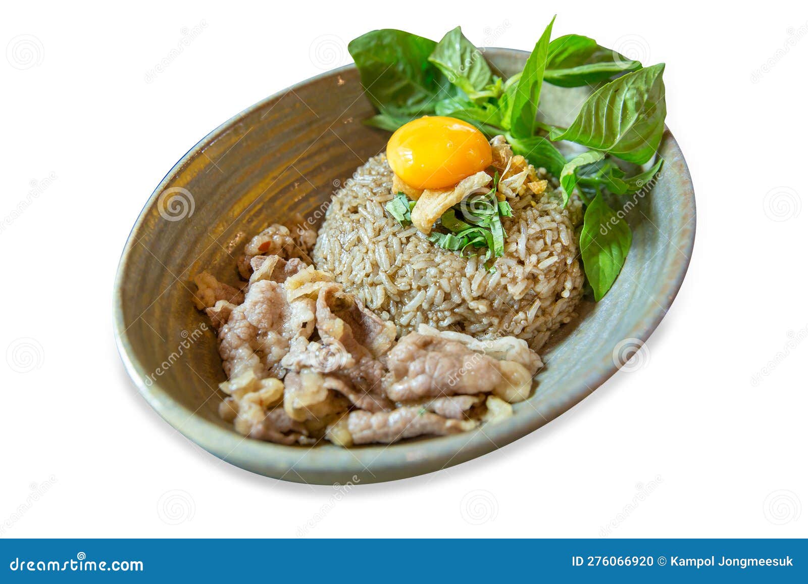 Top View of Beef Fried Rice with Fresh Egg and Green Basil, Focus ...