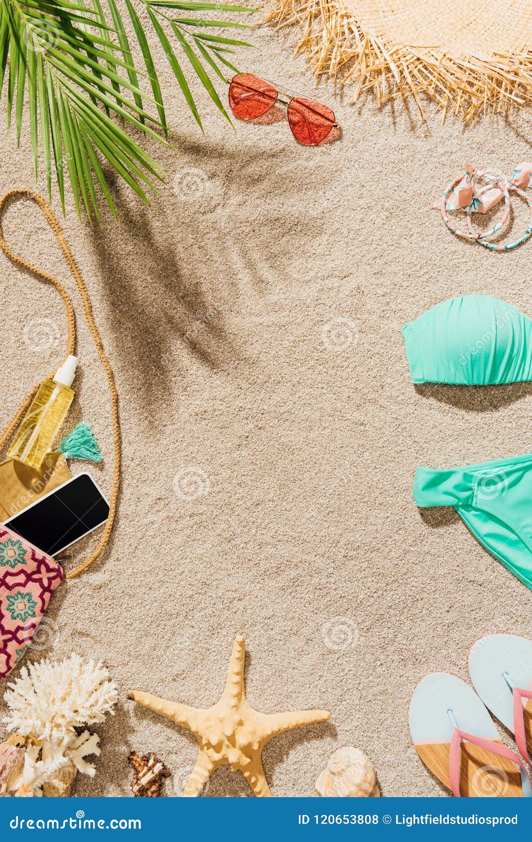 Top View of Bikini and Various Accessories Lying Stock Photo - Image of ...